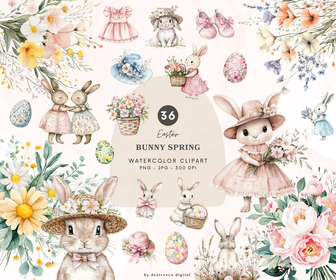 Watercolor Easter Bunny Clipart, Cute Bunny Png, Easter Graphics ...