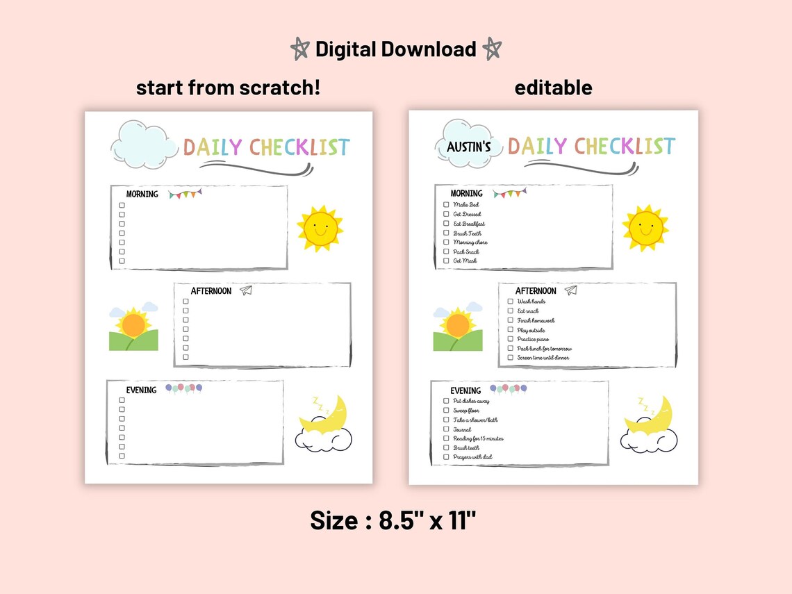 Daily Routine Kids Daily Checklist Printable Editable Kids to Do List ...
