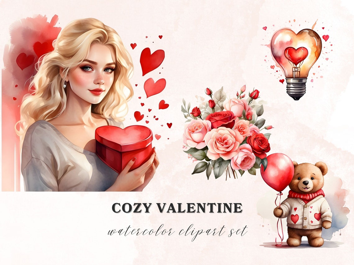 Cozy Valentines Clipart, Watercolor Valentine's Day Clipart Bundle, 12 ...