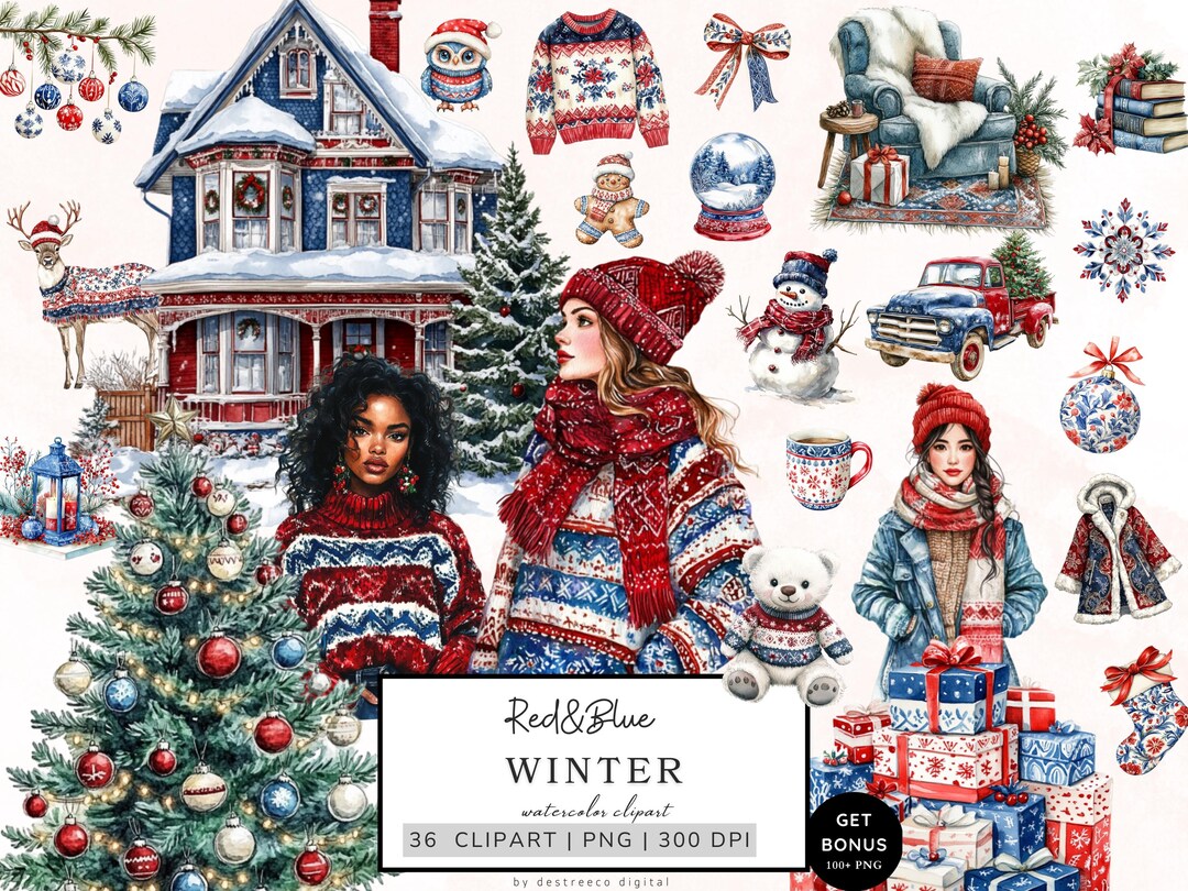 Winter Clipart Bundle, Cozy Christmas Clipart, Winter Clipart, Red Blue ...