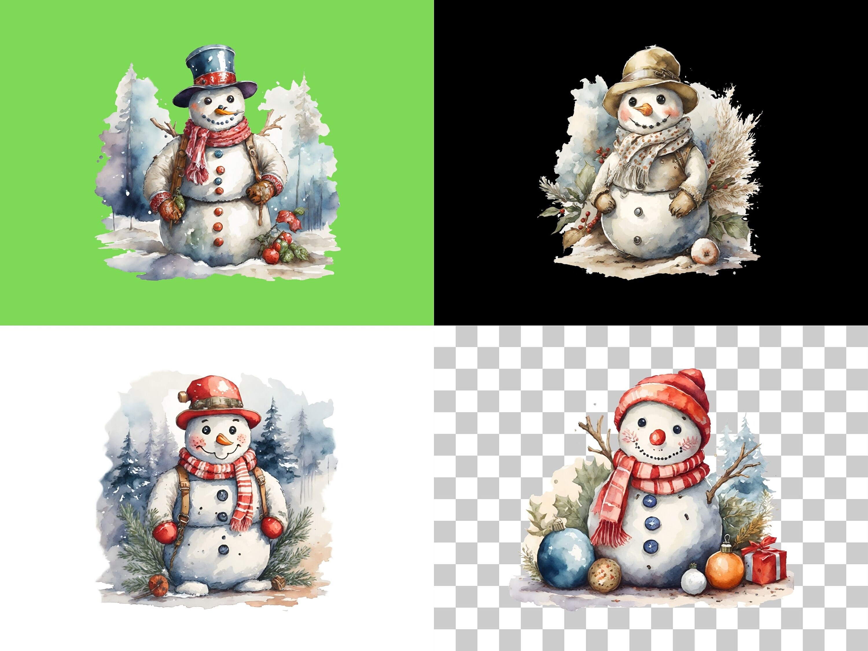 Watercolor Clipart Snowman PNG, 16 Png Winter Holidays, Printable ...