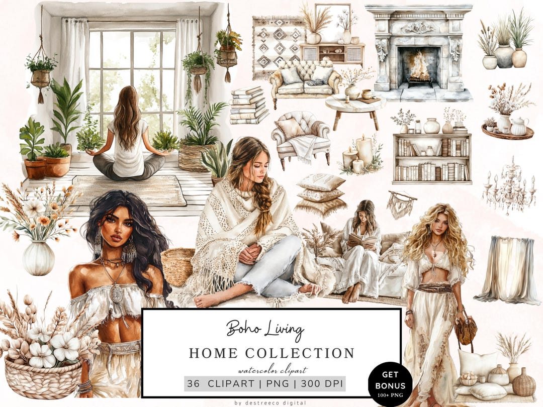 Watercolor Boho Living Clipart, Cozy Cottagecore Clipart, Boho Life Png ...