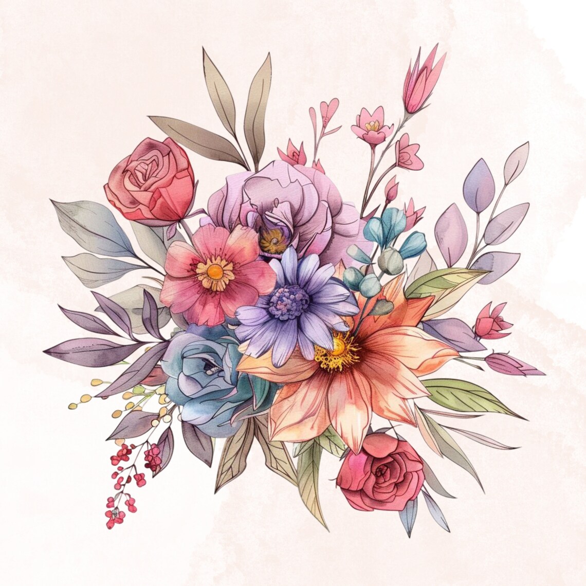 Colorful Flowers Bouquet Clipart, Spring Flowers Clipart, Rainbow ...