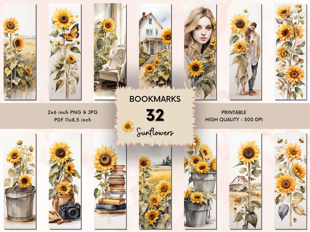 Sunflowers Bookmarks Printable, Printable Bookmarks Set, Watercolor ...