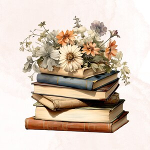Vintage Floral Stacked Books Clipart, Books Clipart Bundle, Reading ...