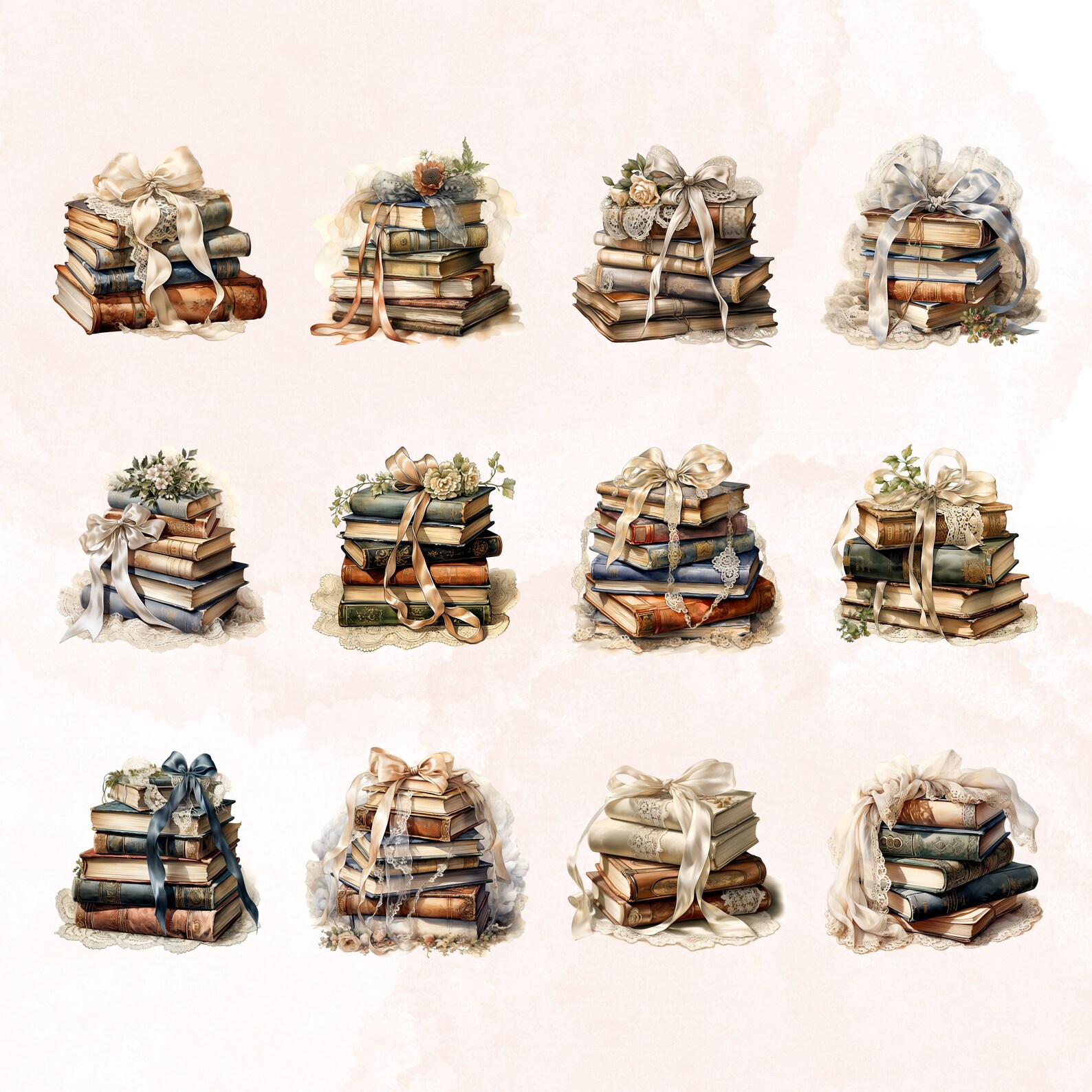 Stacked Books Clipart With Lace, Vintage Books Clipart, Bookworm ...