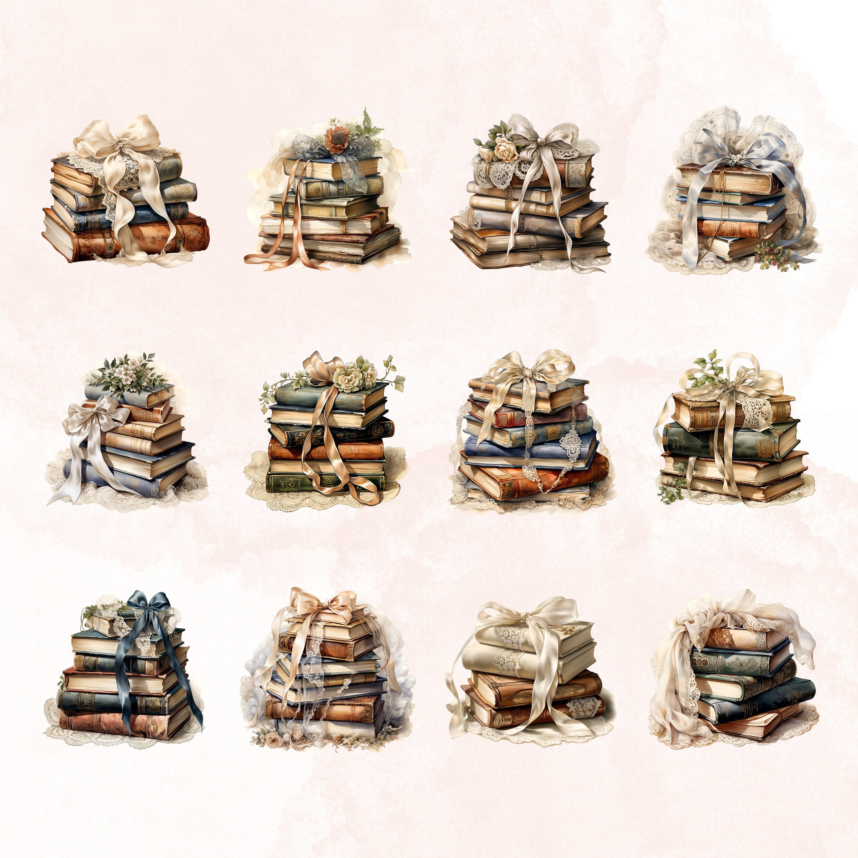 Stacked Books Clipart With Lace, Vintage Books Clipart, Bookworm ...
