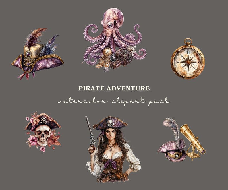 Watercolor Pirate Adventure Clipart, Vintage Pirates Png Bundle, Cozy ...