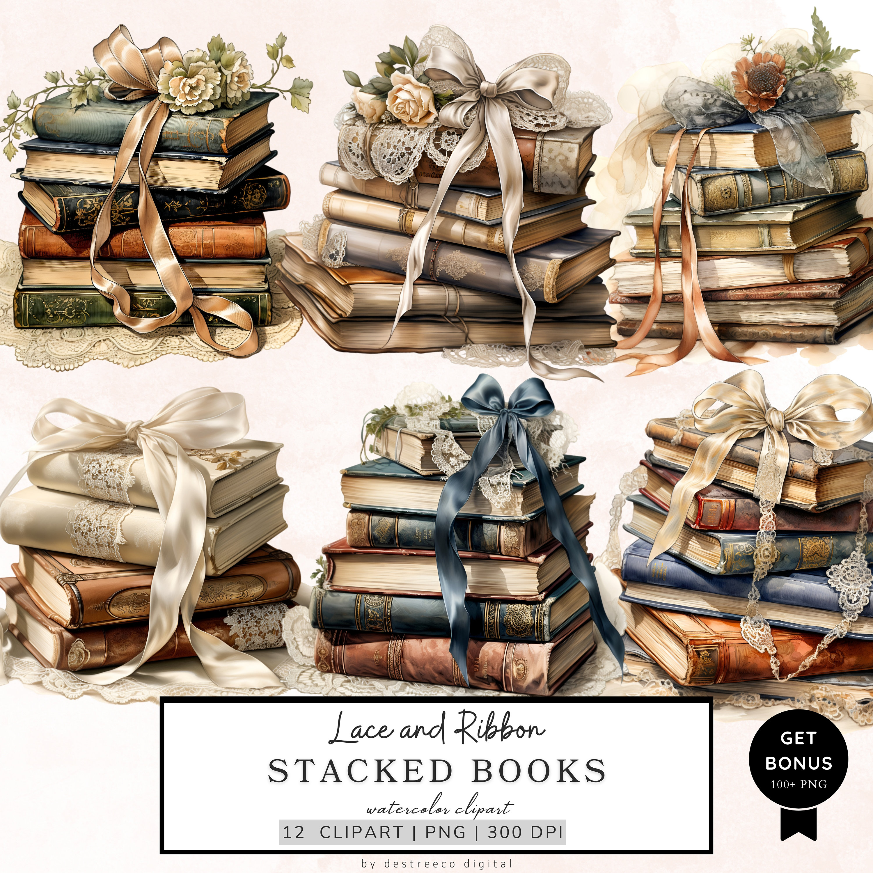 Stacked Books Clipart With Lace, Vintage Books Clipart, Bookworm ...