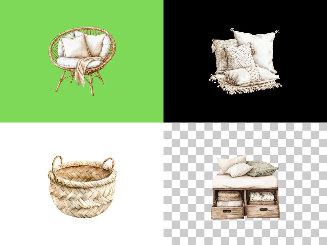 Watercolor Boho Bedroom Clipart, Cozy Cottagecore Clipart, Boho Life ...