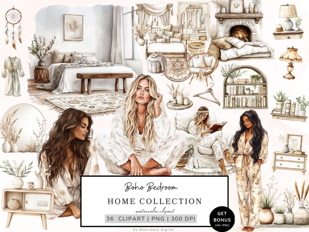 Watercolor Boho Bedroom Clipart, Cozy Cottagecore Clipart, Boho Life ...