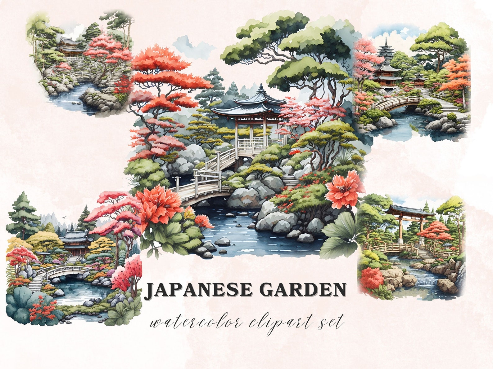 Japan Garden Clipart, Watercolor Clipart Bundle, 16 PNG Asian Landscape ...