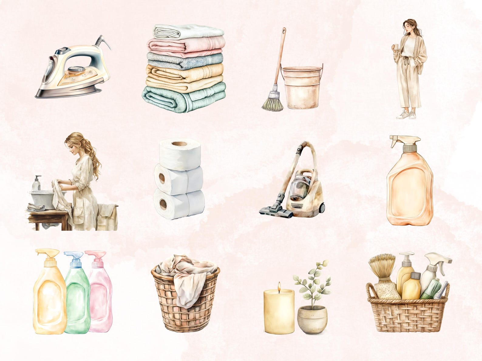 Watercolor Housekeeping Clipart, Cleaning Clipart, Cleaning Supplies ...