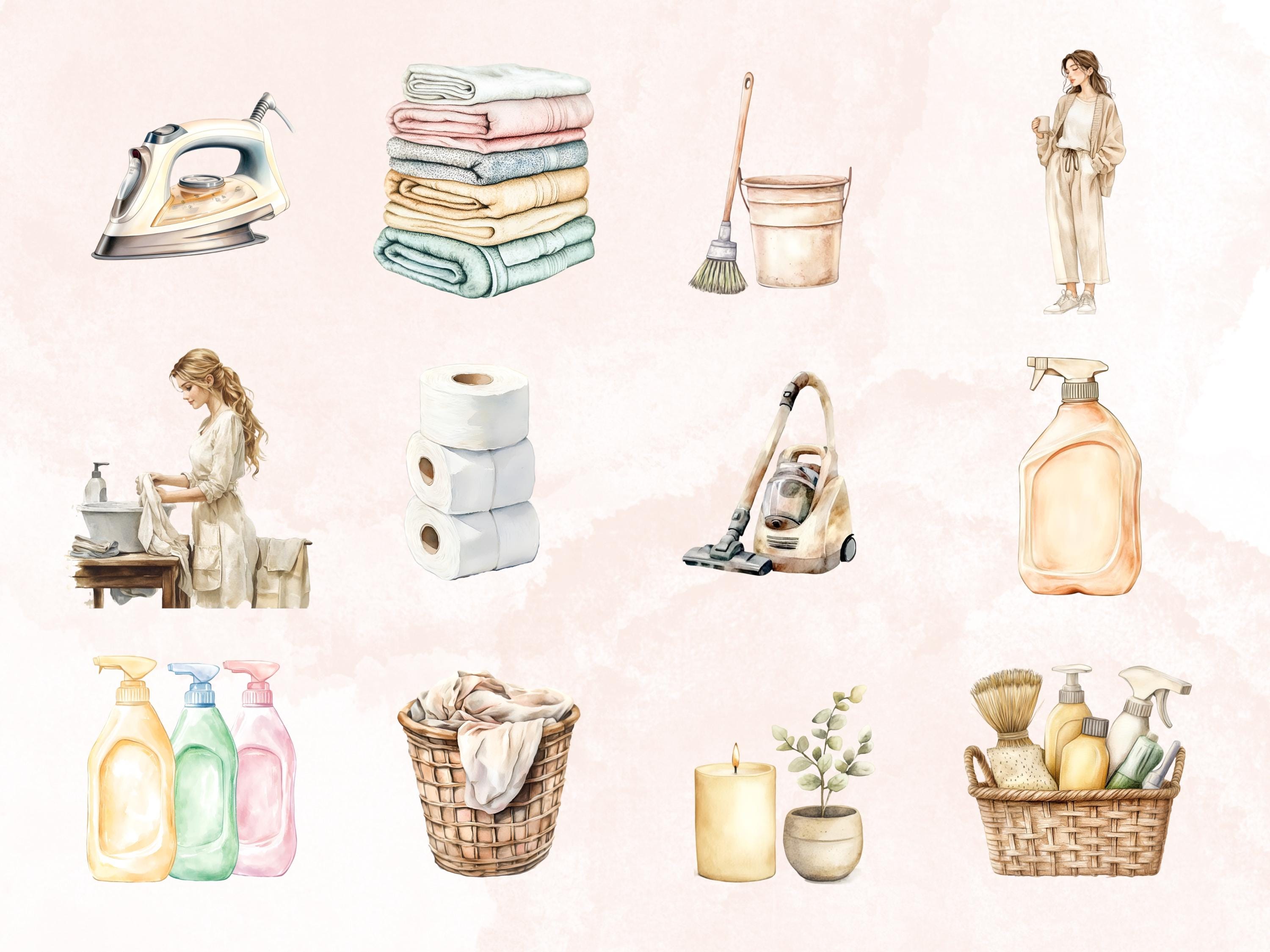 Watercolor Housekeeping Clipart, Cleaning Clipart, Cleaning Supplies ...