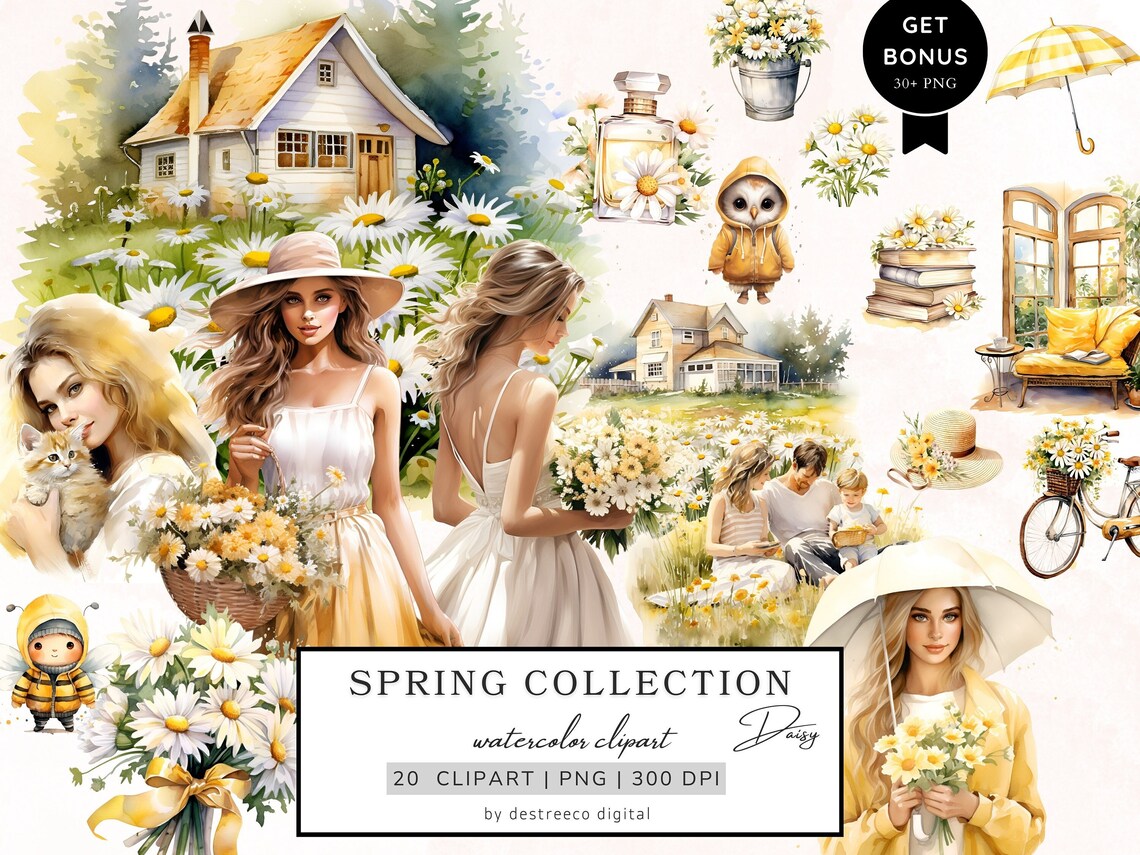 Watercolor Spring Clipart, Daisy Spring Clipart Bundle, Daisy Png ...