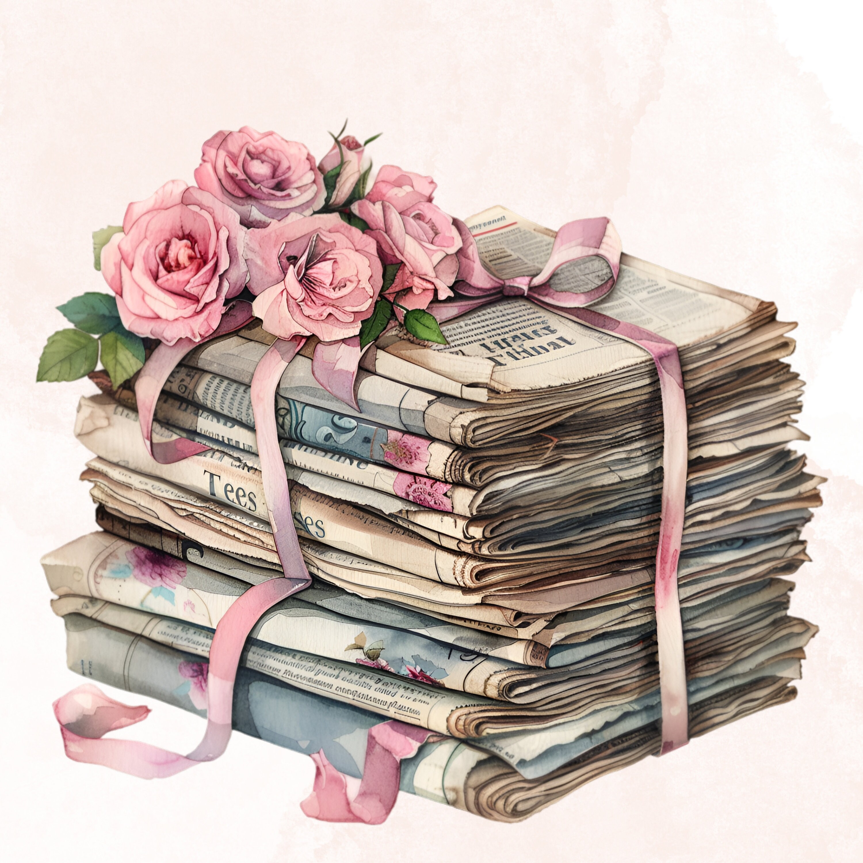 Vintage Newspaper With Pink Roses Clipart, Stacked Newspaper With Pink ...