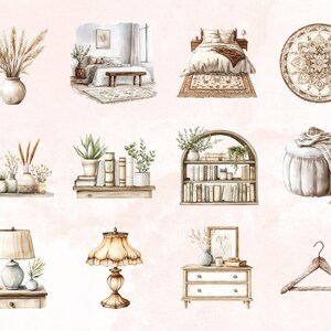 Watercolor Boho Bedroom Clipart, Cozy Cottagecore Clipart, Boho Life ...