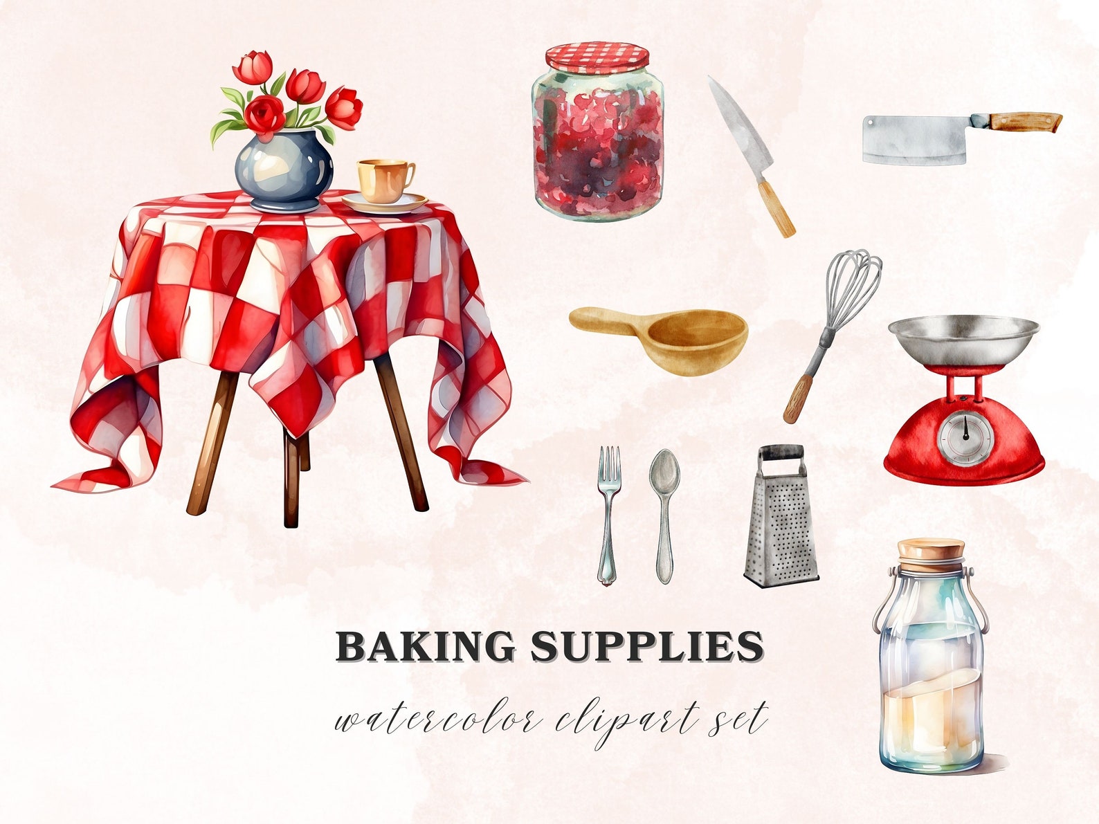 Watercolor Baking Supplies Clipart Bundle, Baker Girl Cooking Png ...