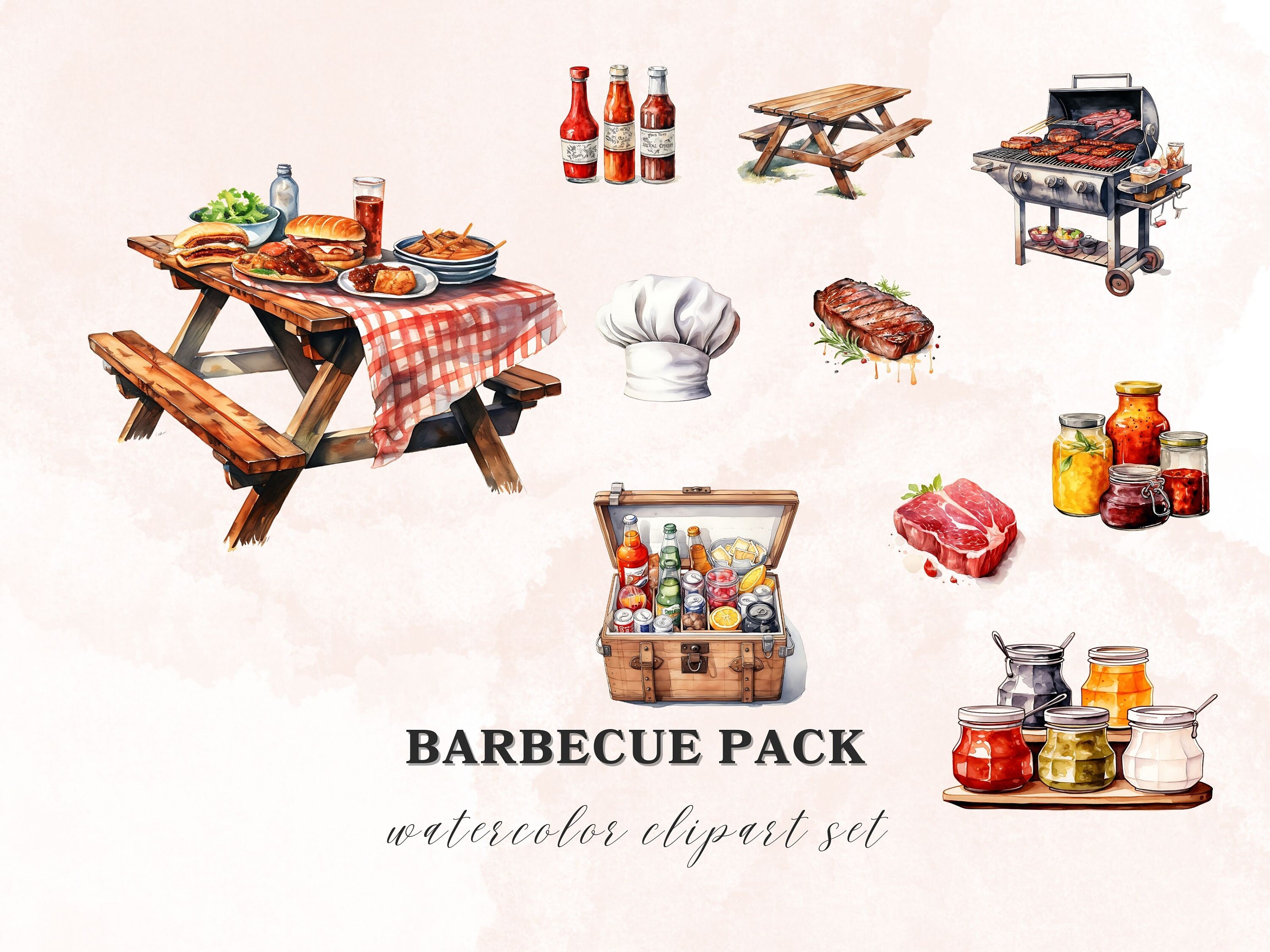 Watercolor Barbecue Clipart Bundle, BBQ Png, Grill Food Clipart, Picnic ...