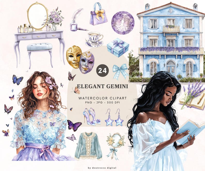 Watercolor Elegant Gemini Clipart, Zodiac Clipart, Astrology Clipart ...