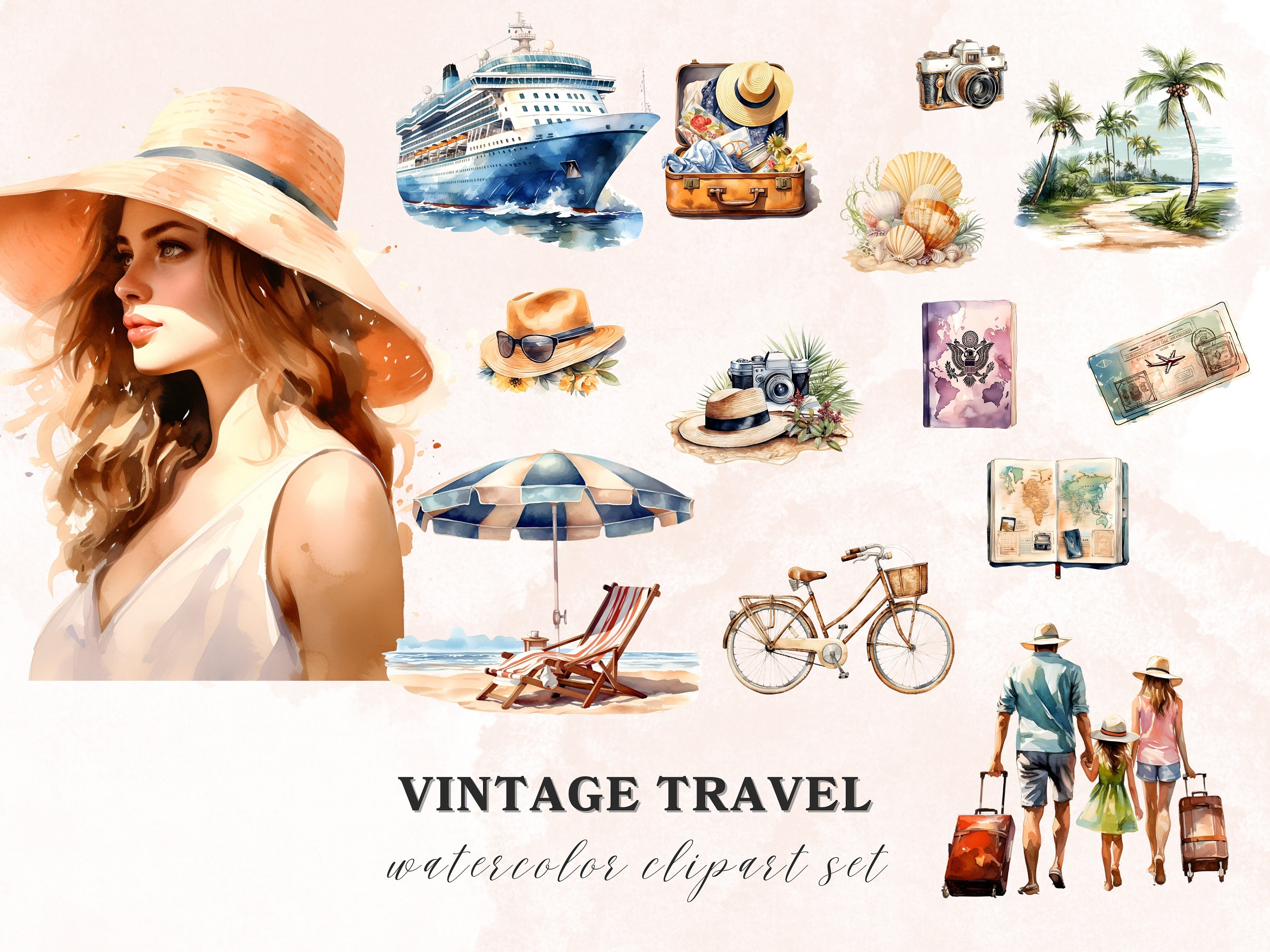 Watercolor Vintage Travel Clipart, Summer Vacation Holiday Graphics ...