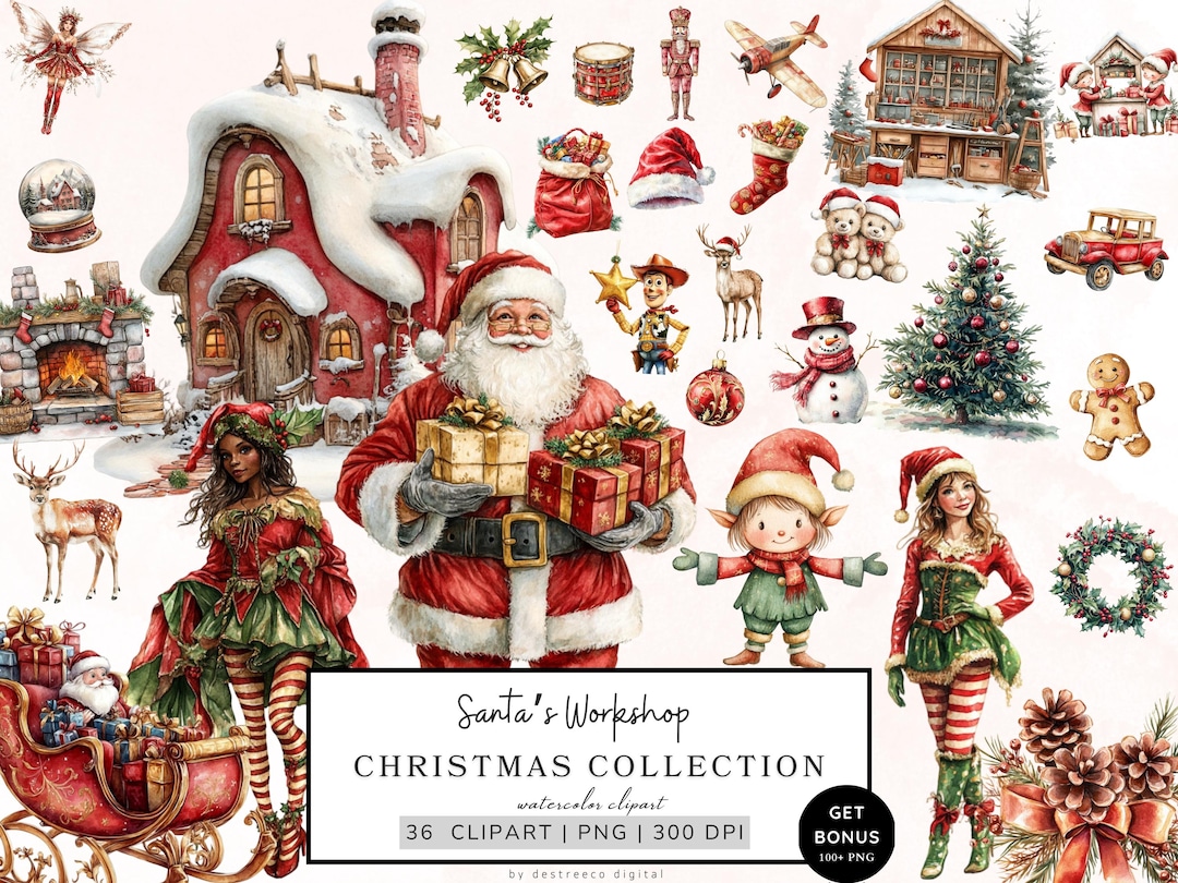 Christmas Clipart Bundle, Santa's Workshop Png, Santa Claus Png, Cozy ...