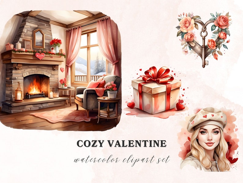 Cozy Valentines Clipart, Watercolor Valentine's Day Clipart Bundle, 12 ...