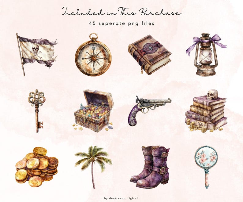 Watercolor Pirate Adventure Clipart, Vintage Pirates Png Bundle, Cozy ...