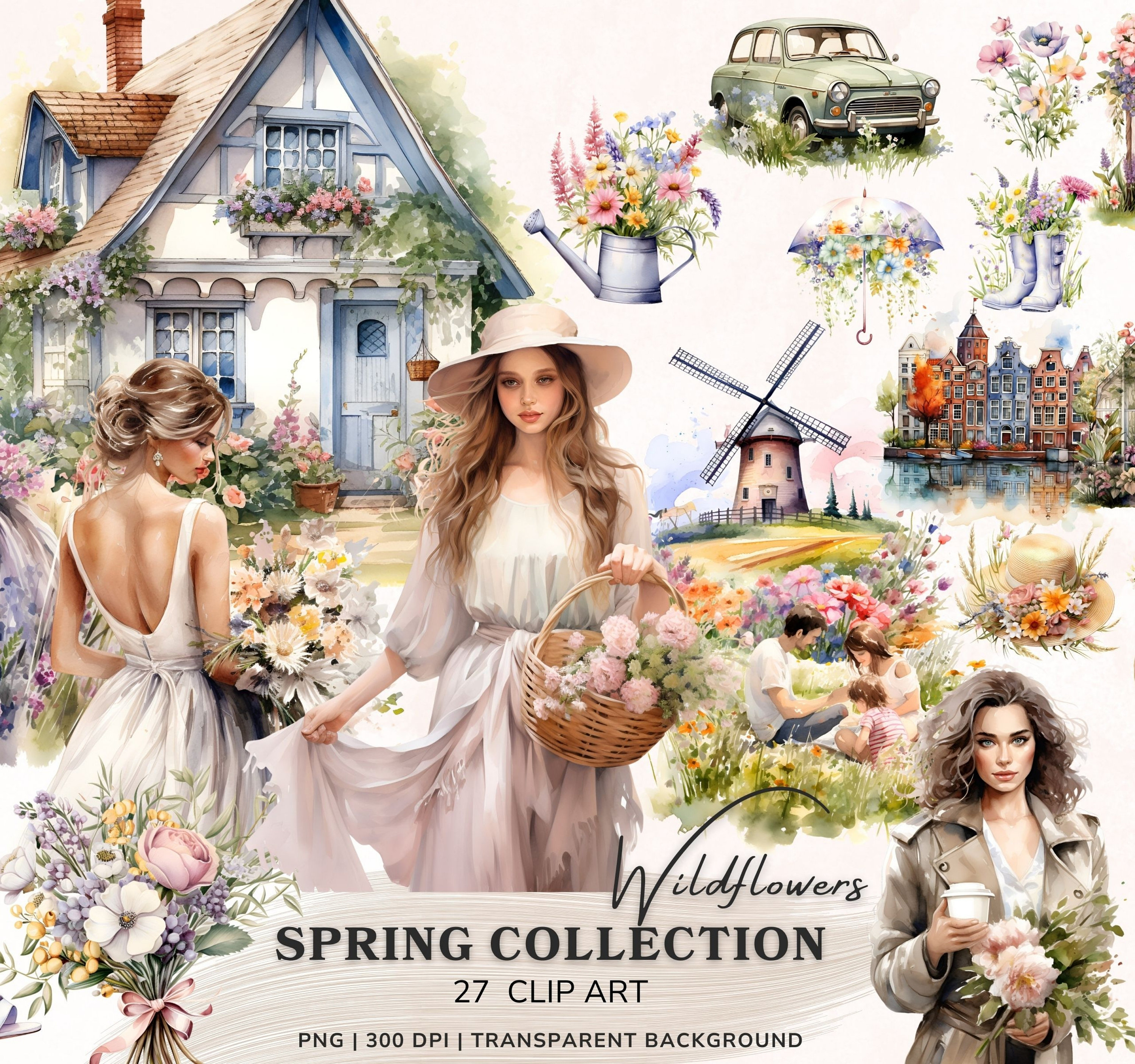Welcome Spring Clipart Bundle, Watercolor Spring Gardening Clipart ...