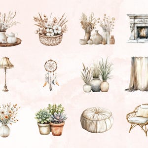 Watercolor Boho Living Clipart, Cozy Cottagecore Clipart, Boho Life Png ...