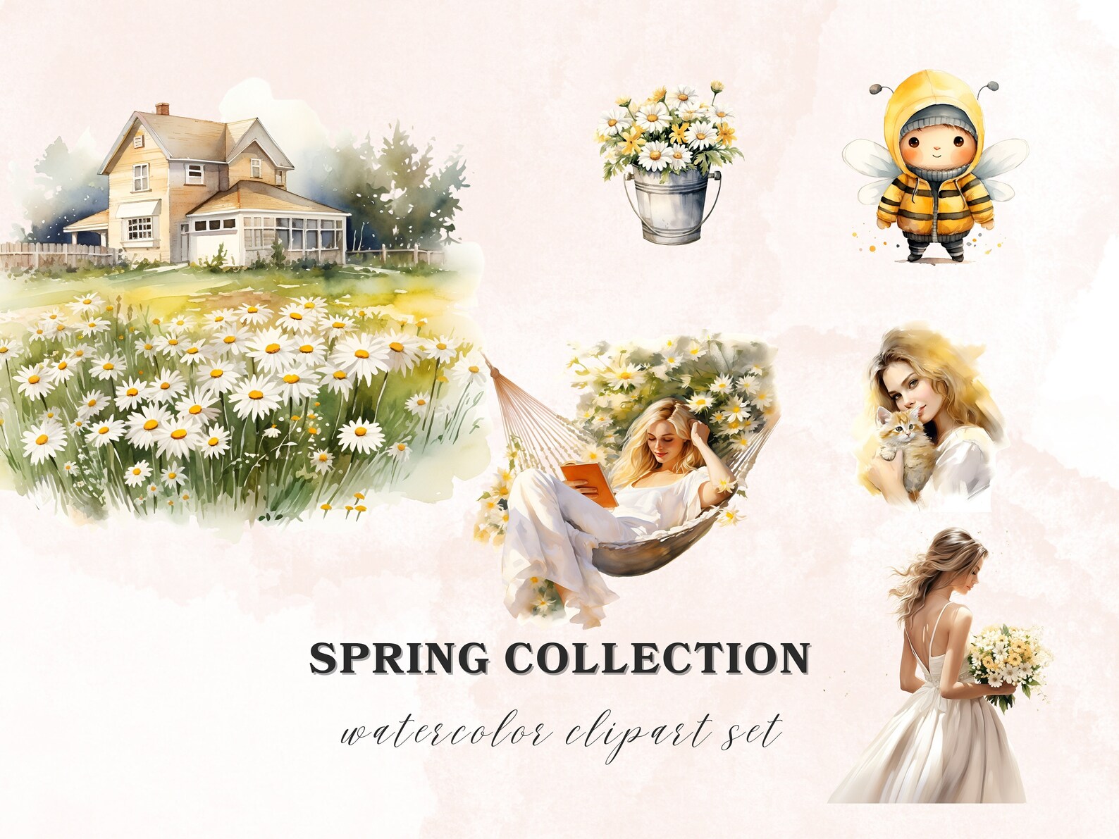 Watercolor Spring Clipart, Daisy Spring Clipart Bundle, Daisy Png ...