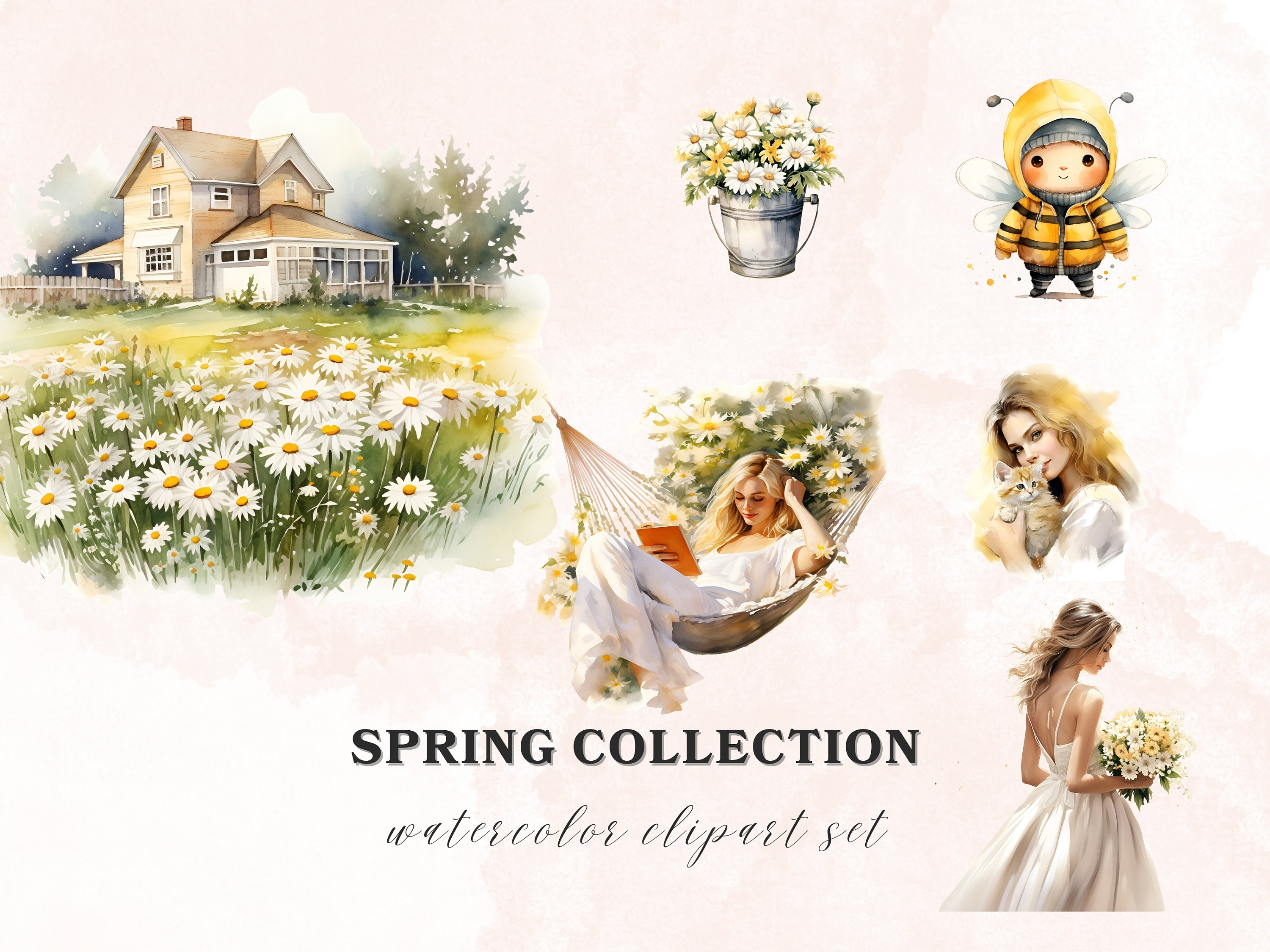 Watercolor Spring Clipart, Daisy Spring Clipart Bundle, Daisy Png ...