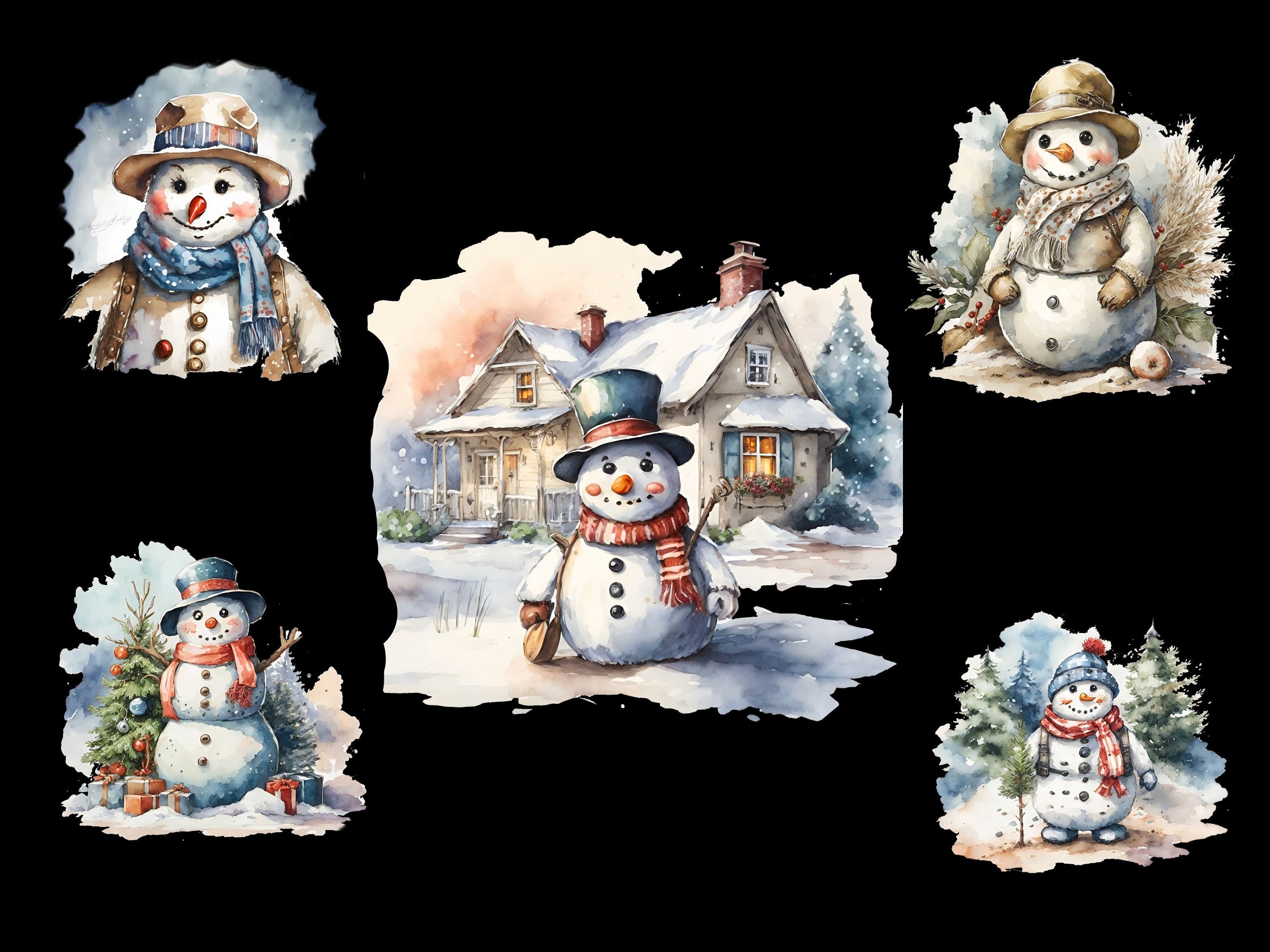 Watercolor Clipart Snowman PNG, 16 Png Winter Holidays, Printable ...