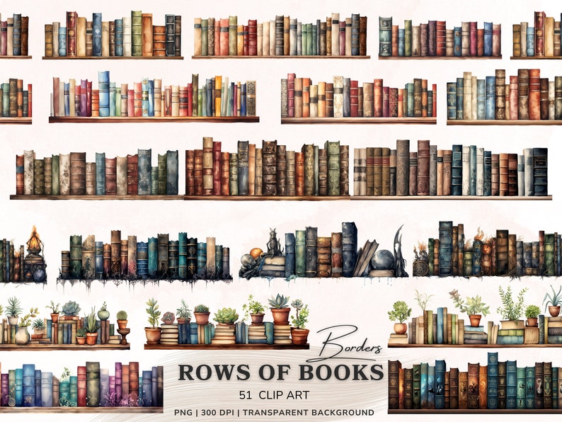 Rows of Books Clipart, Vintage Book Borders Clipart Bundle, Library ...