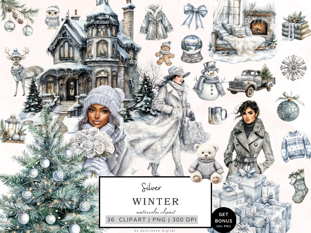 Winter Clipart Bundle, Cozy Christmas Clipart, Winter Clipart, Silver ...