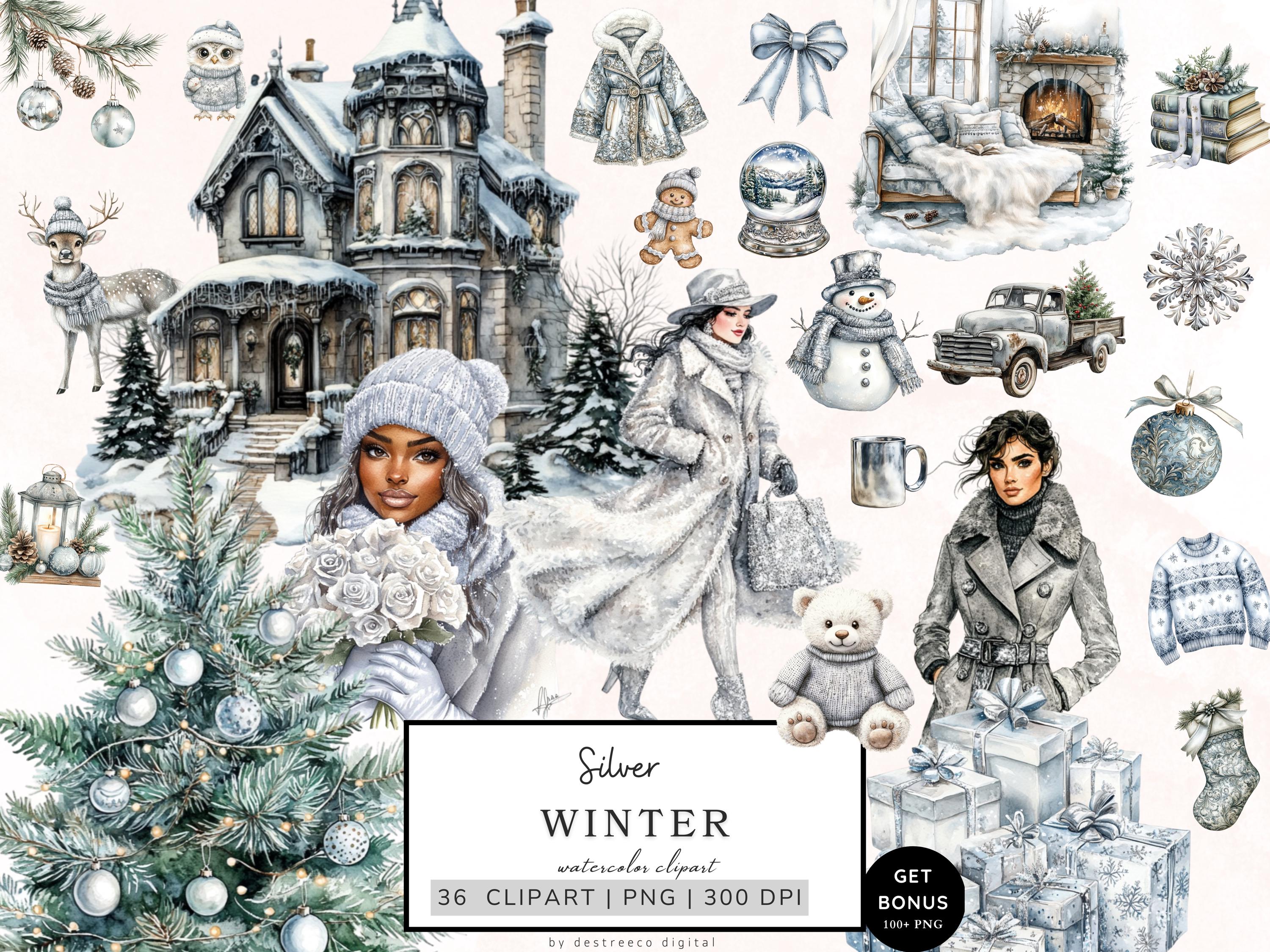 Winter Clipart Bundle, Cozy Christmas Clipart, Winter Clipart, Silver ...