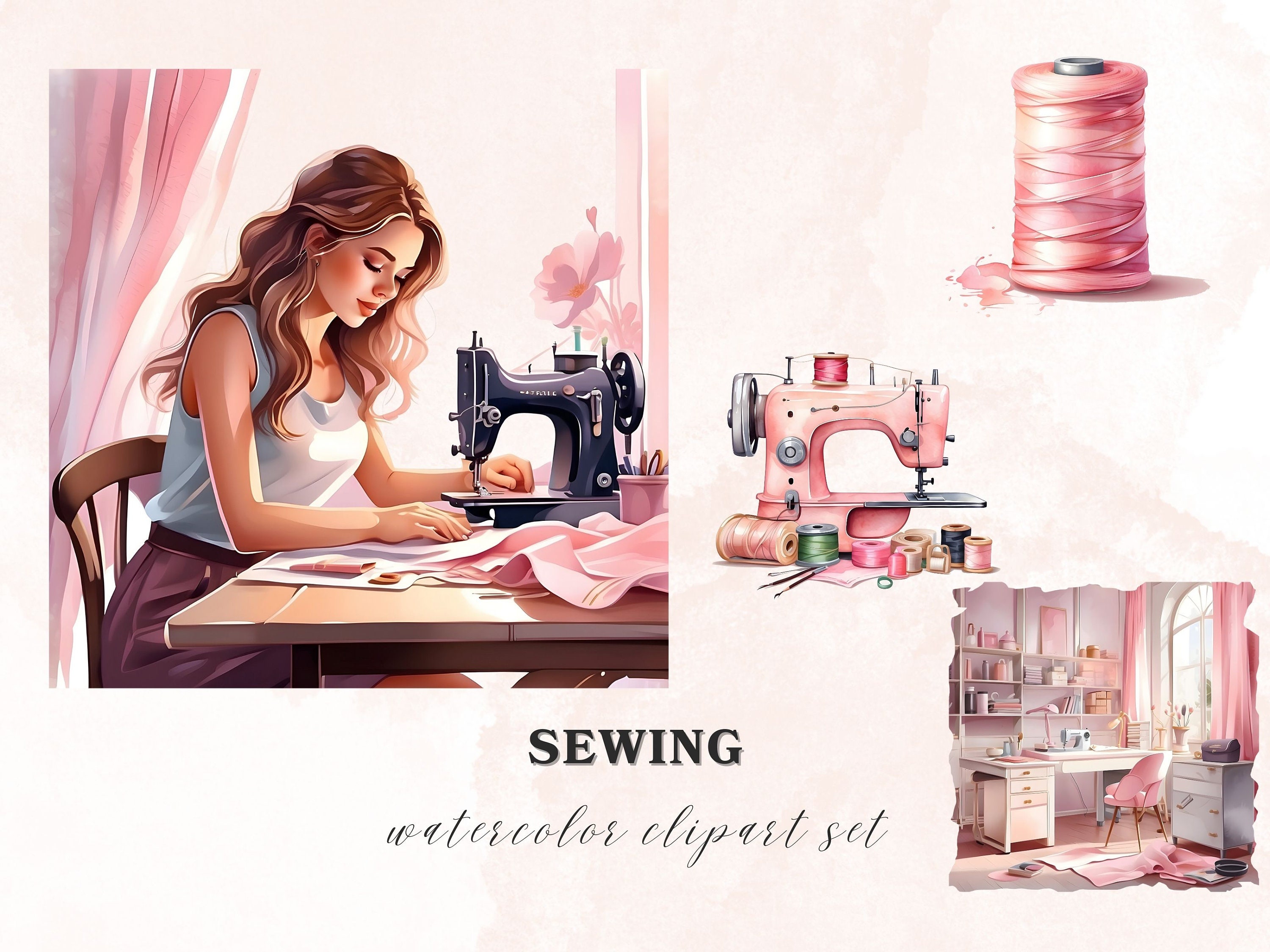 Watercolor Sewing Clipart Bundle, Sewing Supplies Png, Sewing Machine ...