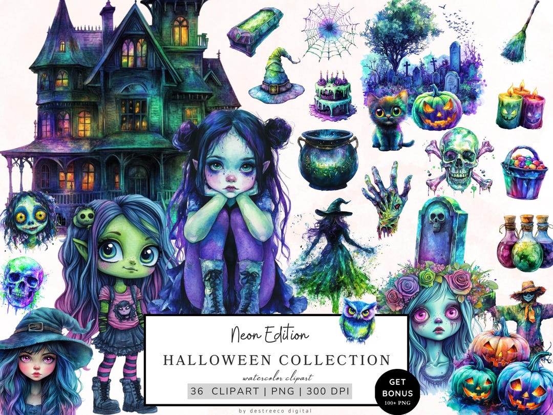 Watercolor Halloween Clipart, Neon Halloween Png Bundle, Cute Fall ...