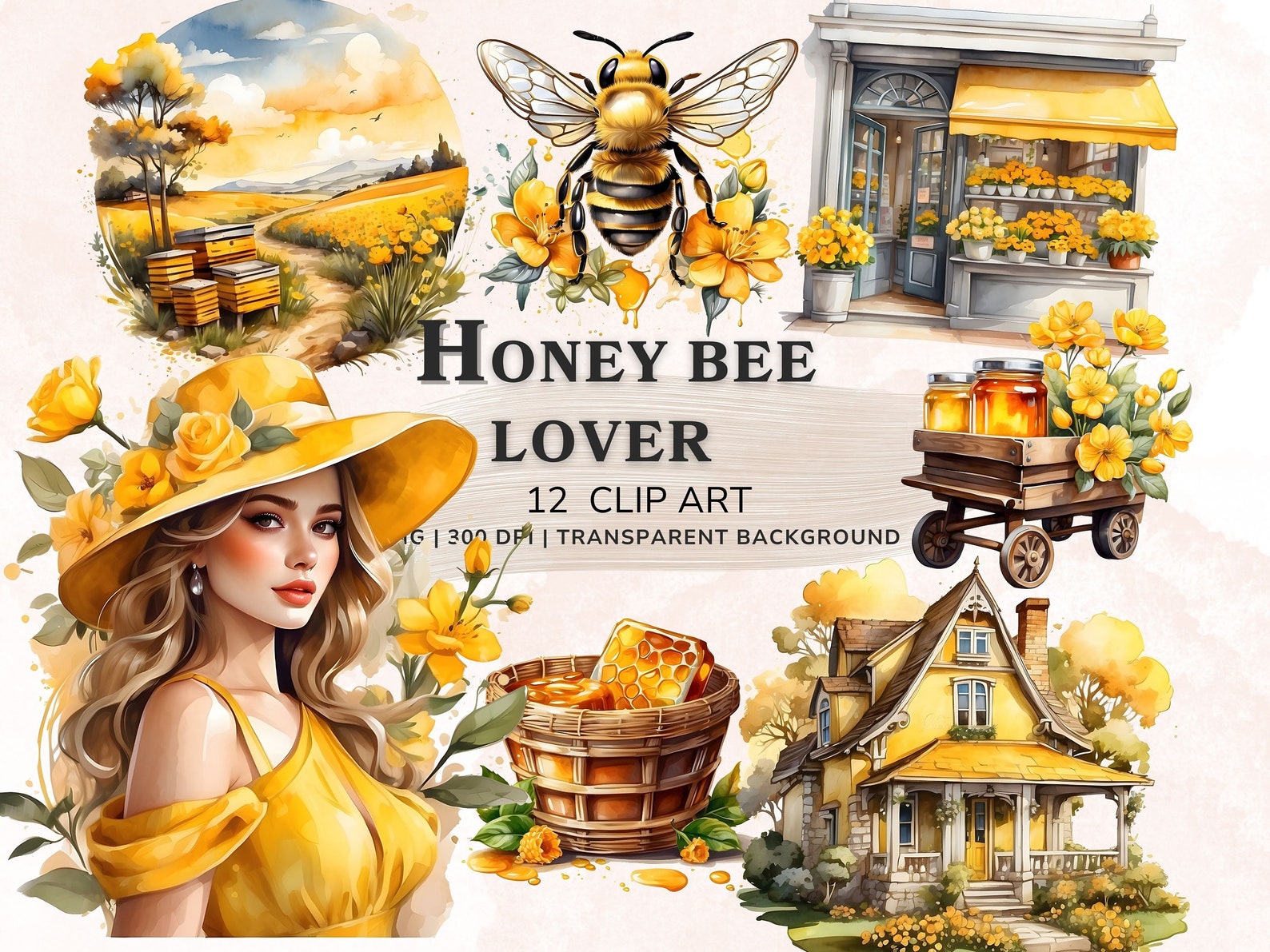 Watercolor Honey Bee Clipart Bundle, 12 Honey Lover Png Clipart, Honey ...