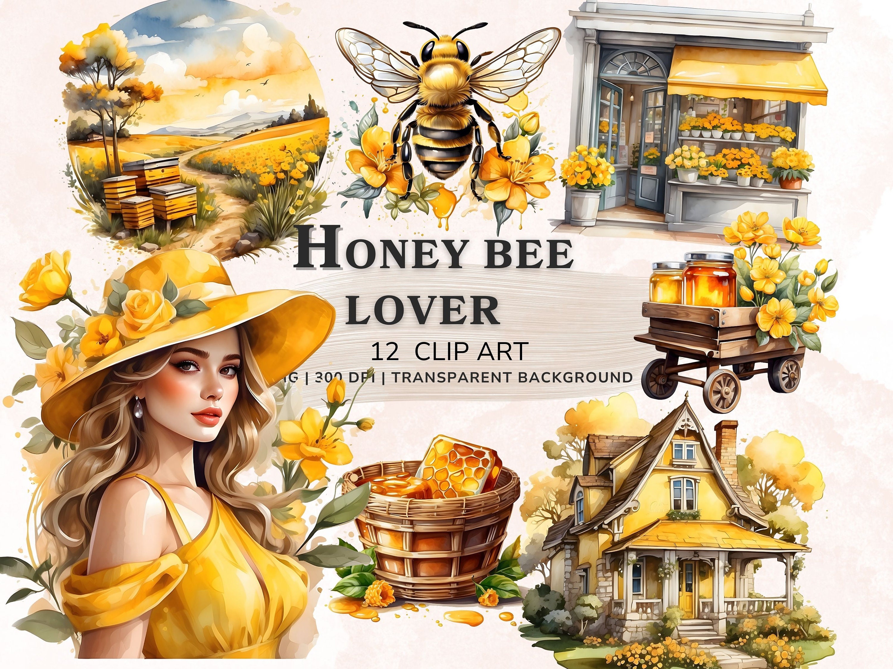 Watercolor Honey Bee Clipart Bundle, 12 Honey Lover Png Clipart, Honey ...