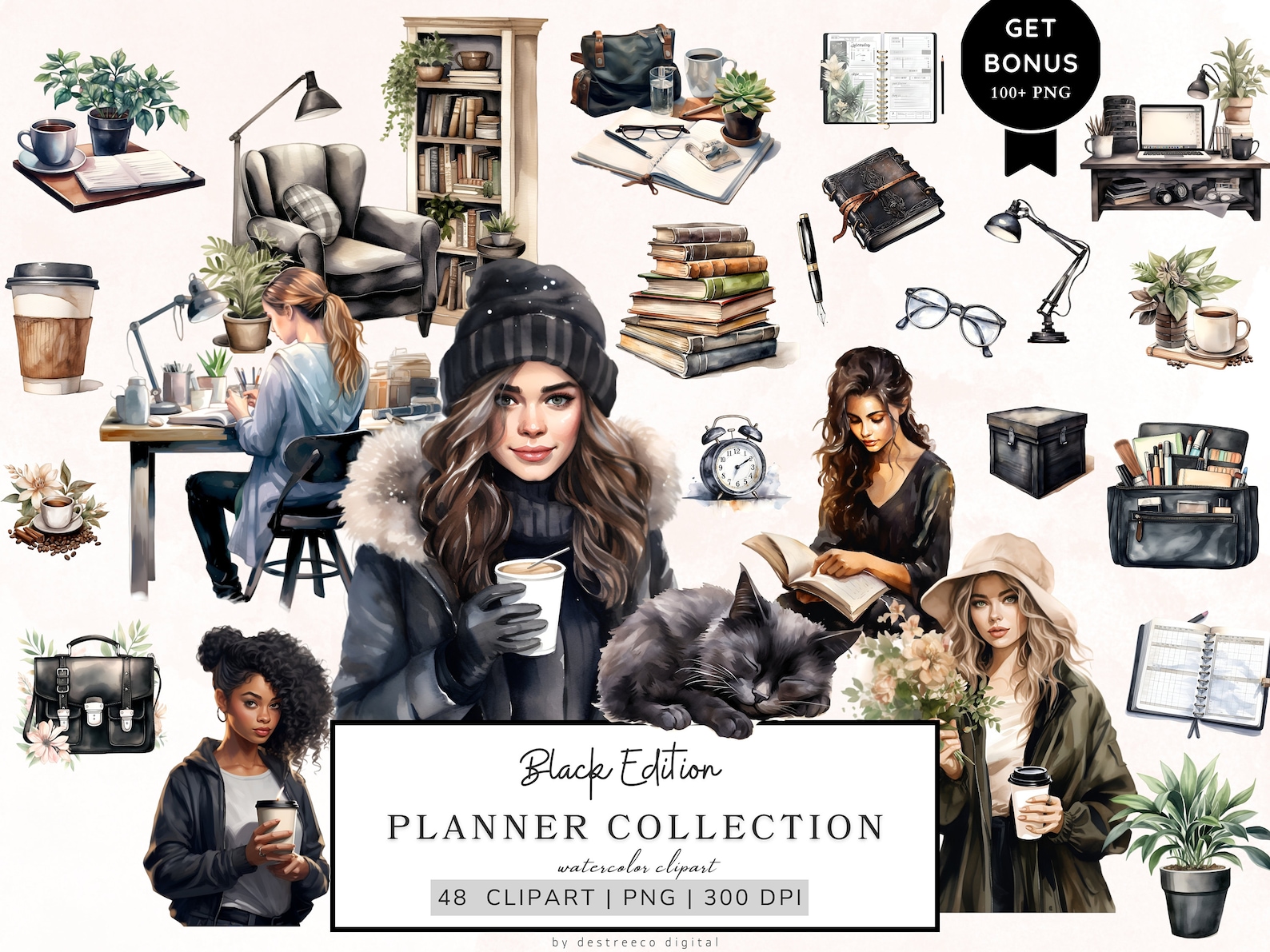 Watercolor Planner Girl Clipart, Black Planning Clipart Bundle, Coffee ...