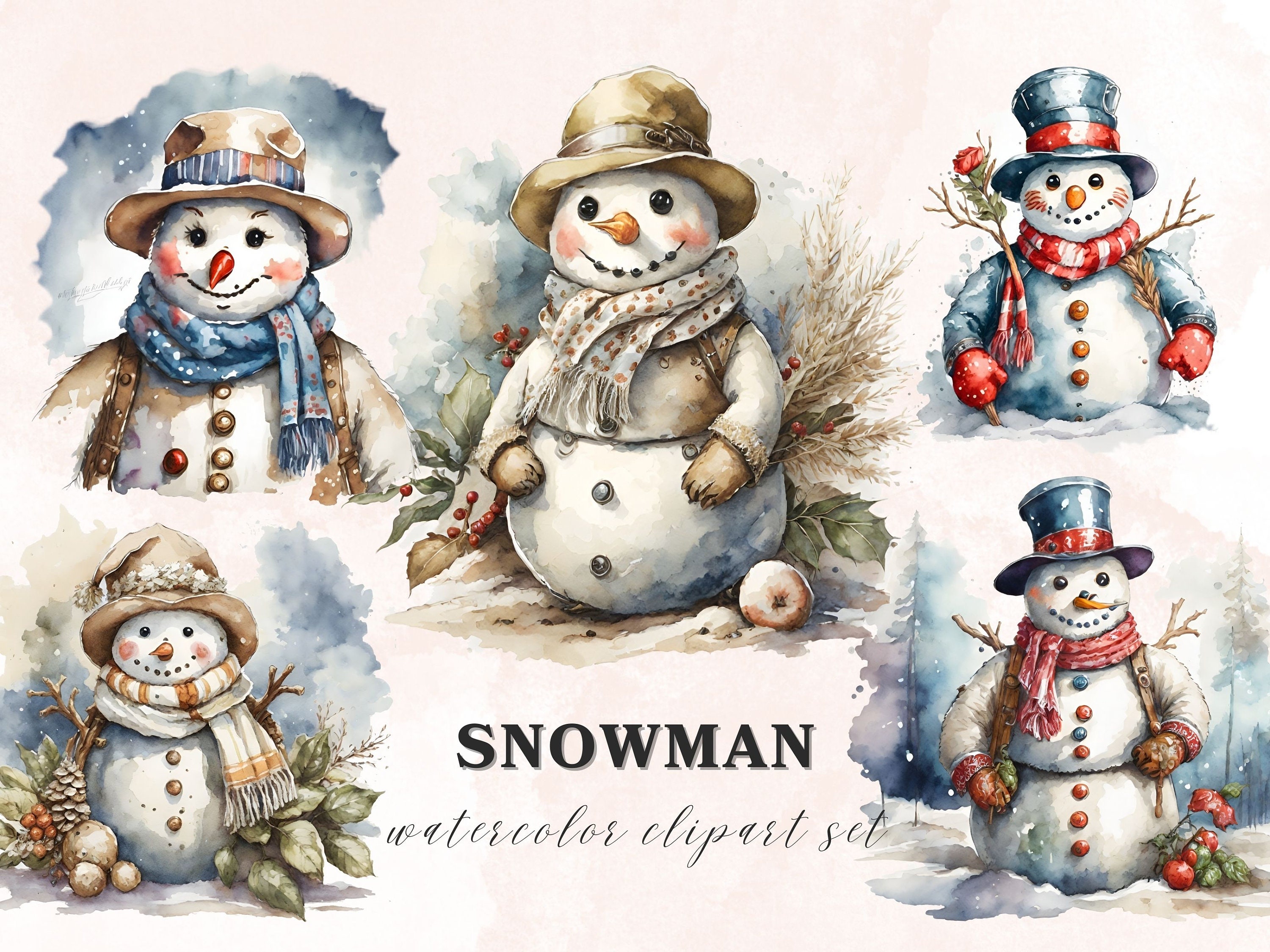 Watercolor Clipart Snowman PNG, 16 Png Winter Holidays, Printable ...