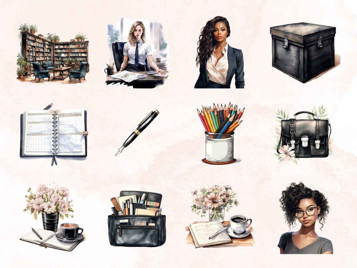 Watercolor Planner Girl Clipart, Black Planning Clipart Bundle, Coffee ...