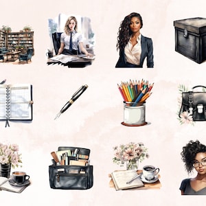Watercolor Planner Girl Clipart, Black Planning Clipart Bundle, Coffee ...