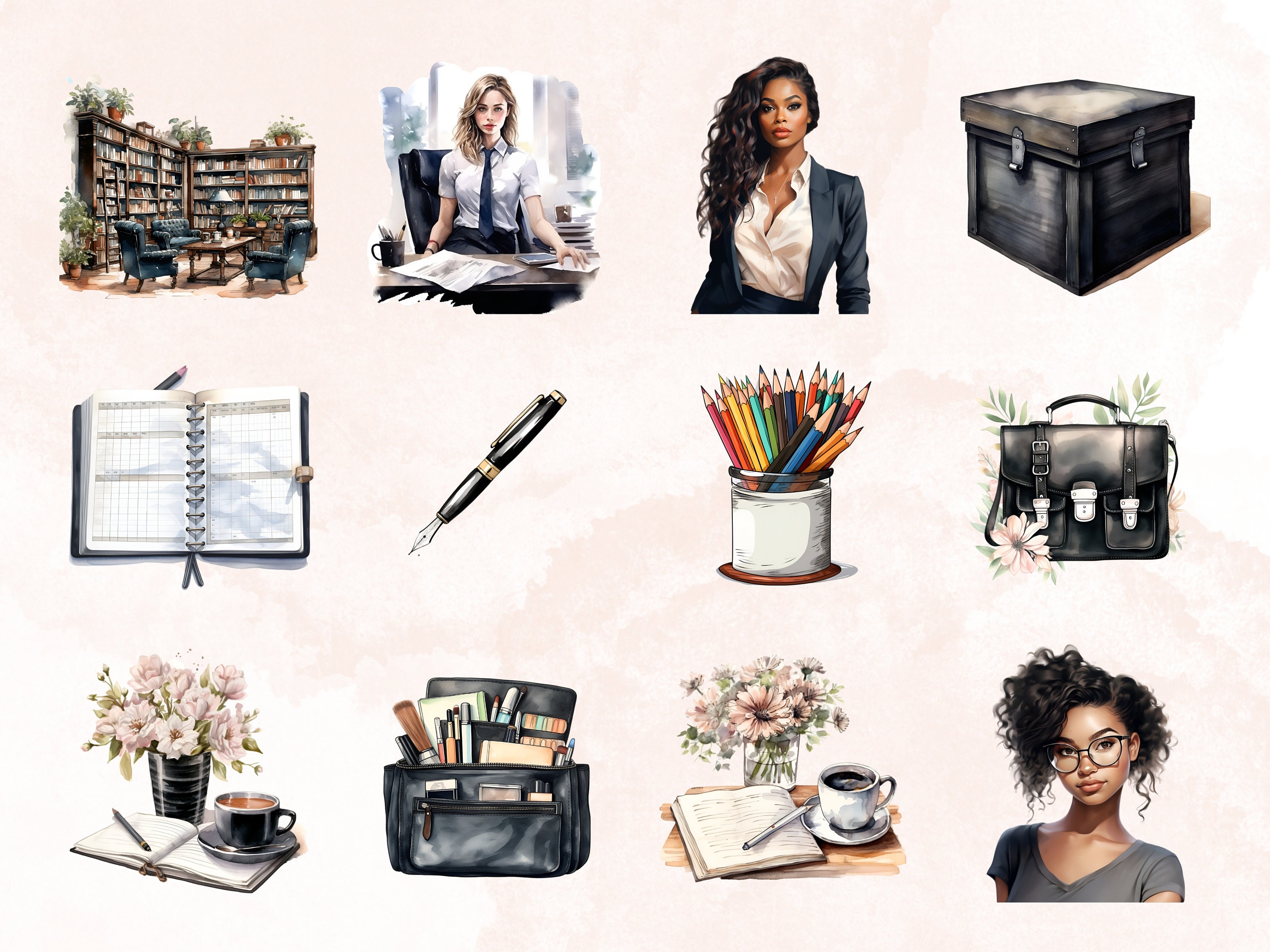 Watercolor Planner Girl Clipart, Black Planning Clipart Bundle, Coffee ...