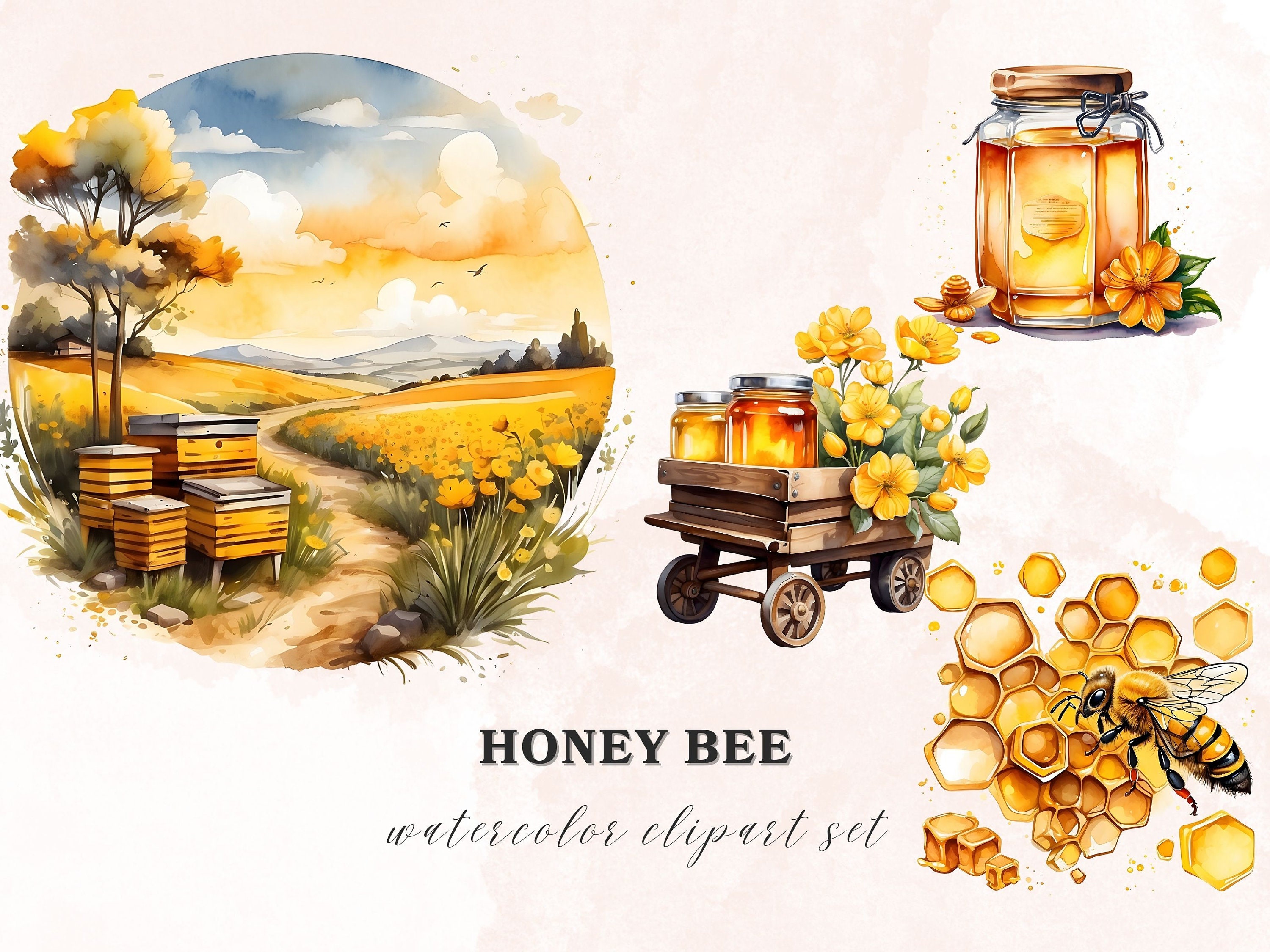Watercolor Honey Bee Clipart Bundle, 12 Honey Lover Png Clipart, Honey ...