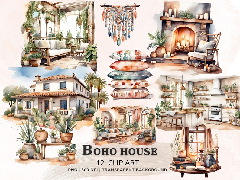 Watercolor Boho House Clipart, Rustic Cozy Boho Decor Clipart Bundle ...