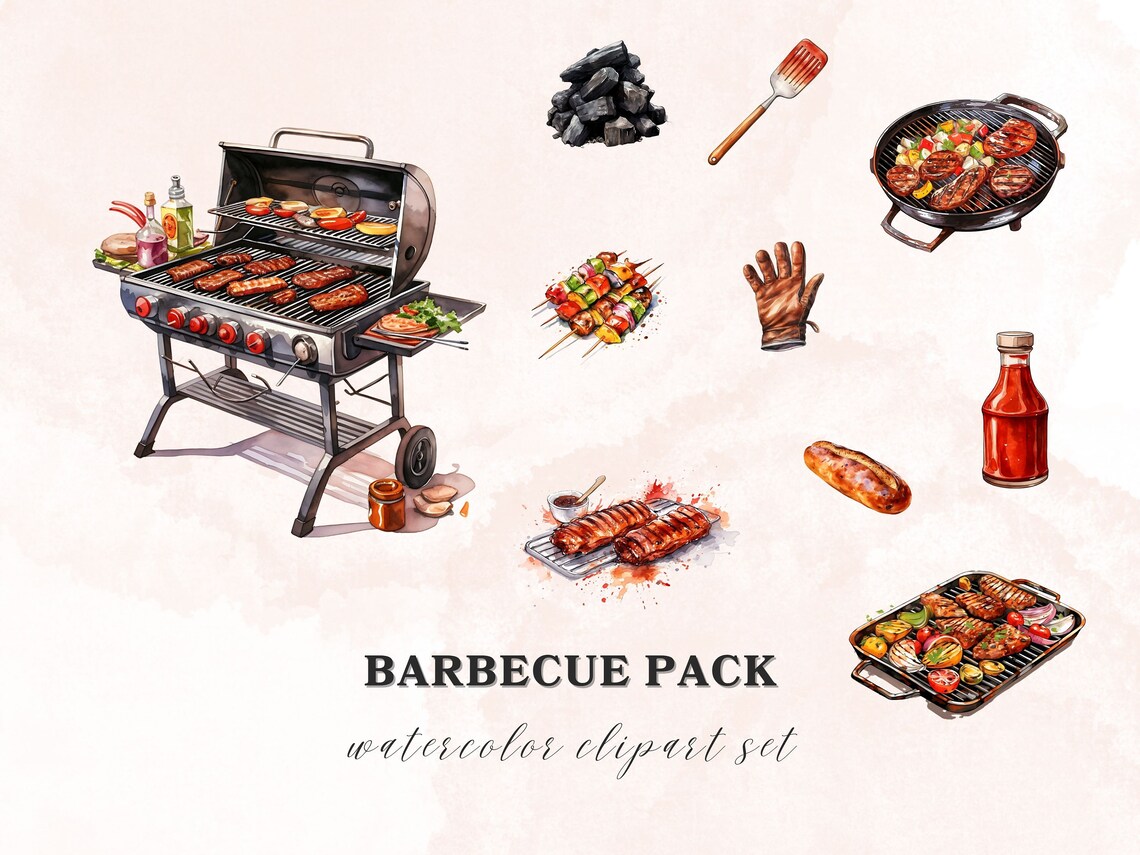 Watercolor Barbecue Clipart Bundle, BBQ Png, Grill Food Clipart, Picnic ...