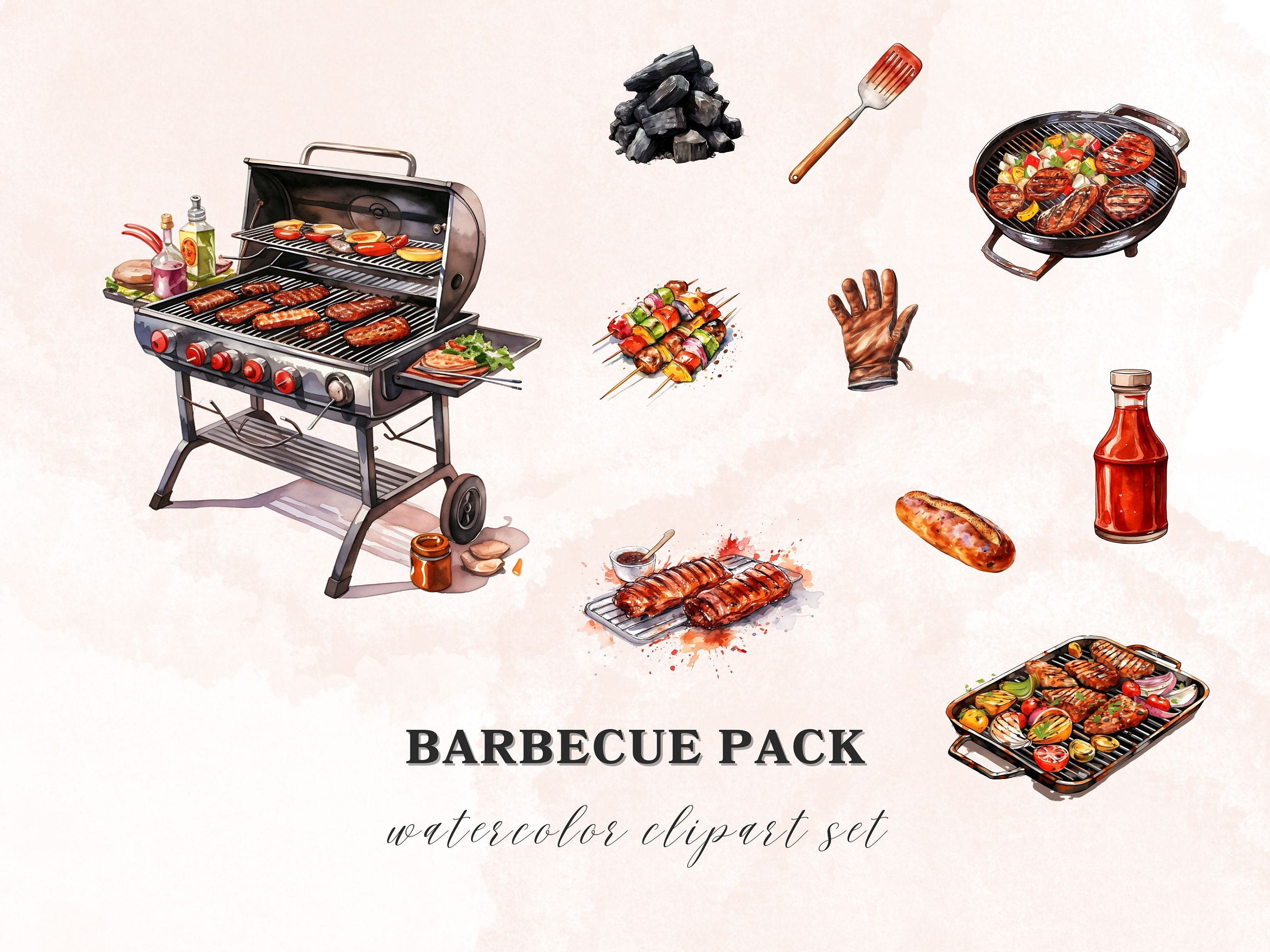 Watercolor Barbecue Clipart Bundle, BBQ Png, Grill Food Clipart, Picnic ...