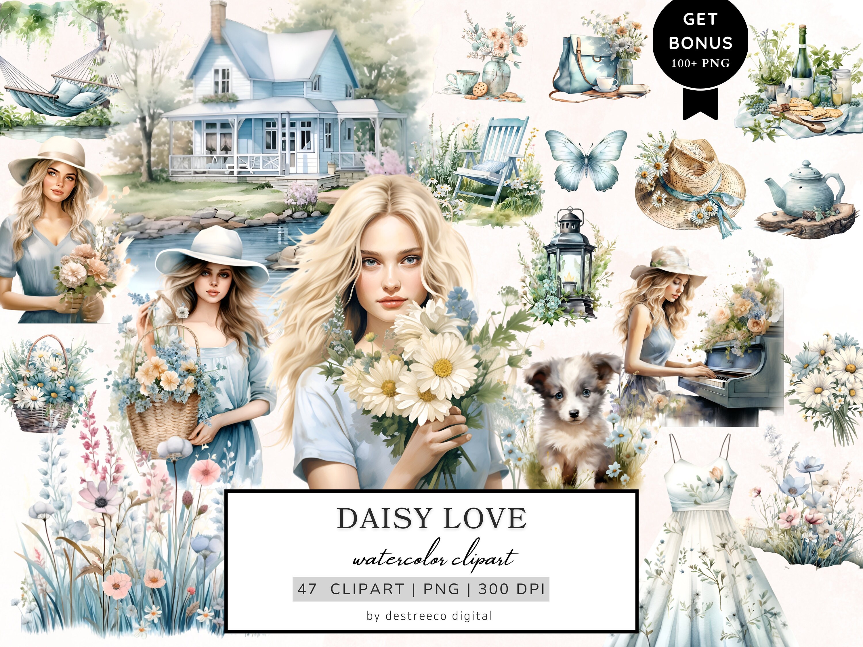 Daisy Love Spring Clipart, Watercolor Spring Graphics, Spring ...